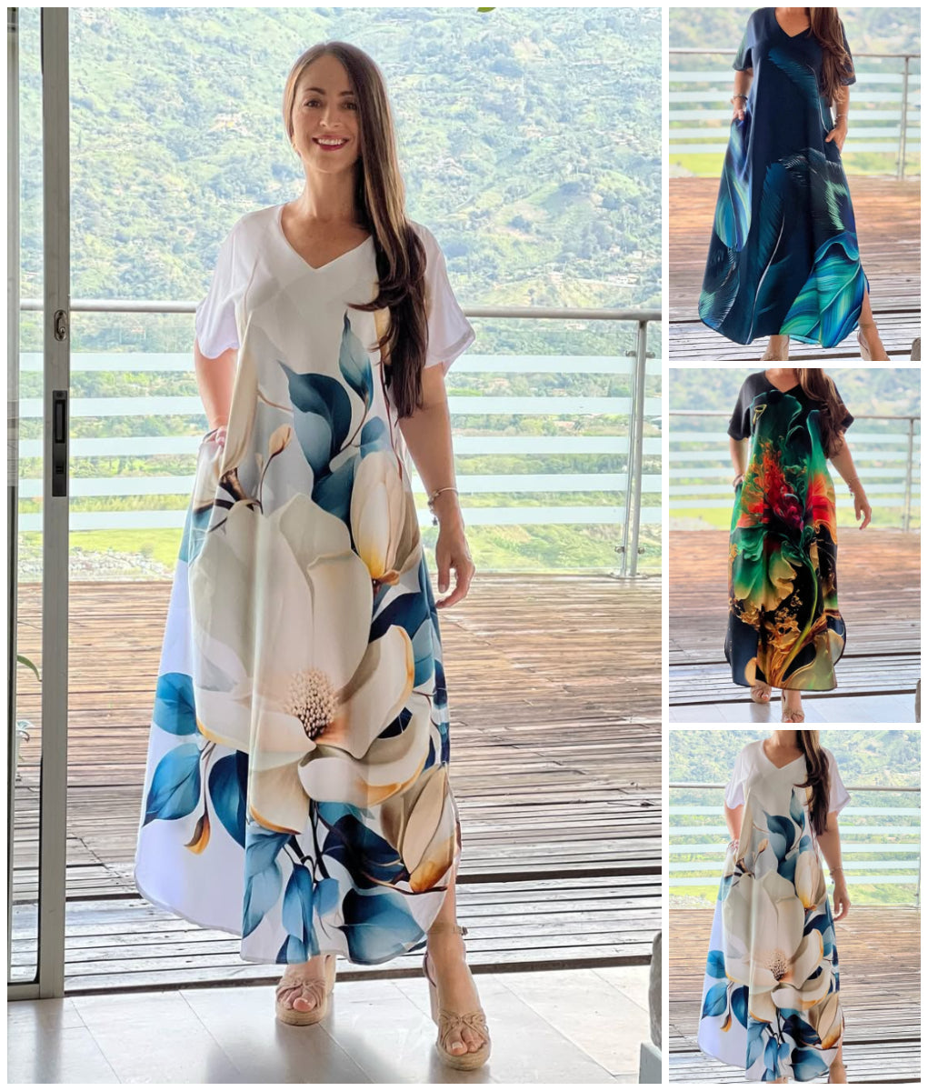 👗Nový V tisk dámské volné ležérní šaty s krátkým rukávem – peuhoy